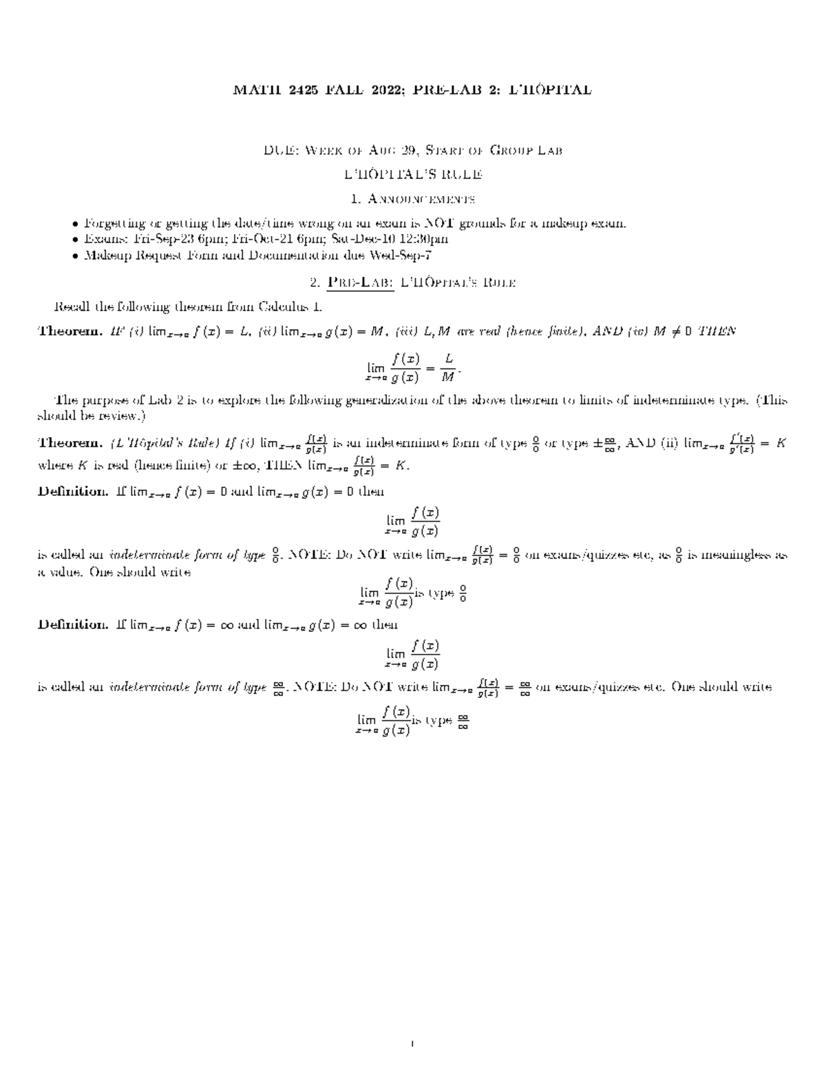 Lab2 LHopital Pre Lab v F - MATH 2425 FALL 2022;PRE-LAB2: L'HÔPITAL DUE:WeekofAug29 ...