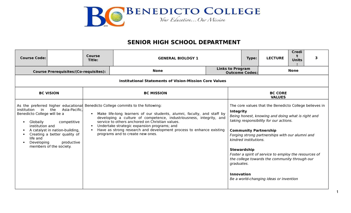 Syllabus STEM General Biology 1 Sanchez Michel O - 1 SENIOR HIGH SCHOOL ...