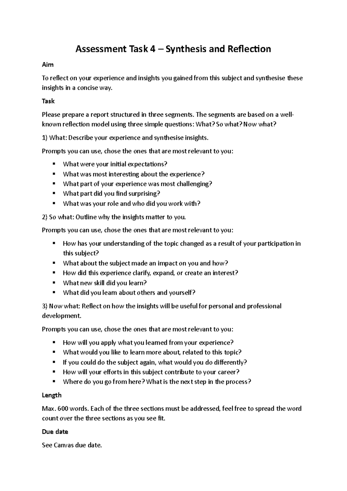 A4 - Reflection - Task Description-1 - Assessment Task 4 – Synthesis and Reflection Aim To ...