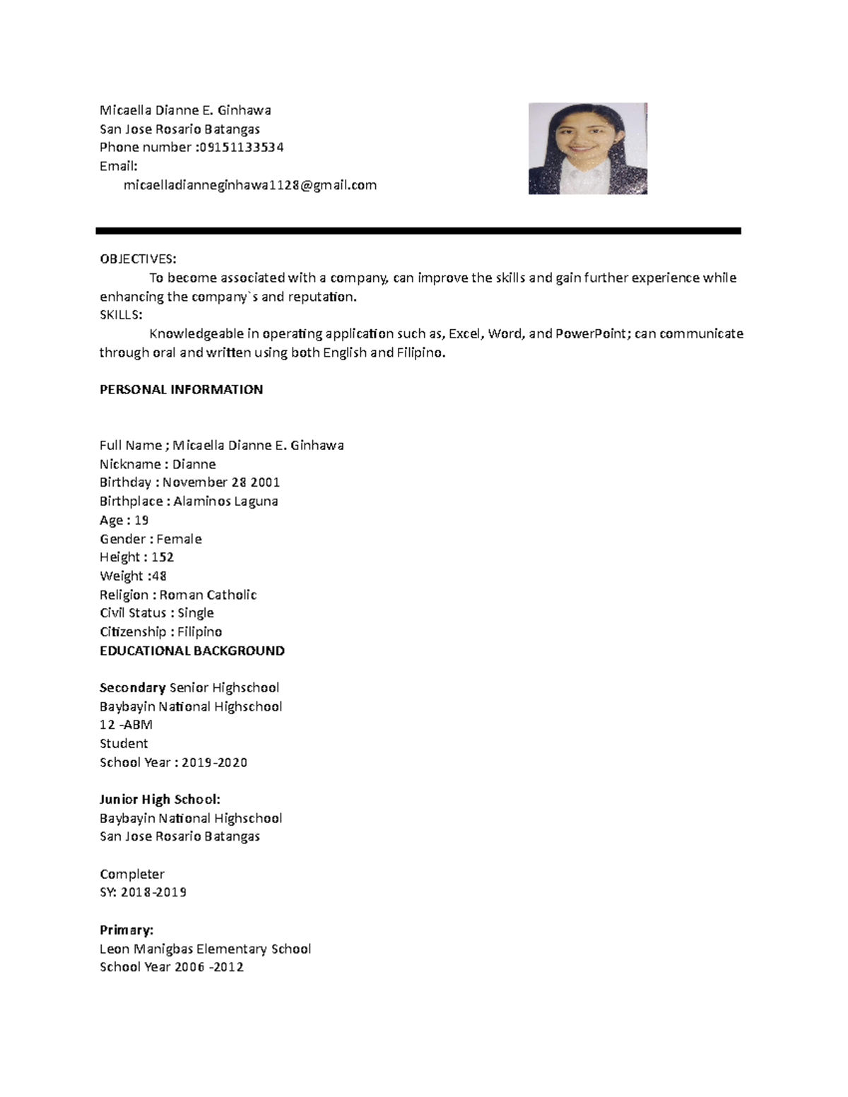 Resume - To make a professional decision - Micaella Dianne E. Ginhawa ...