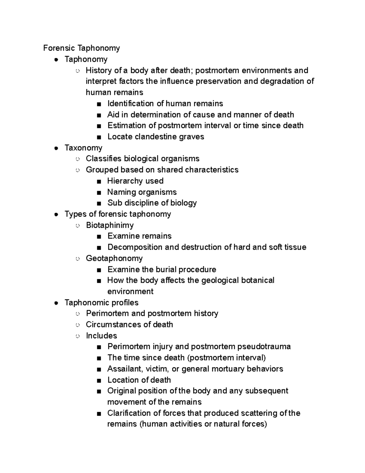 FIS Review Notes 10 27 - Forensic Taphonomy Taphonomy History of a body ...