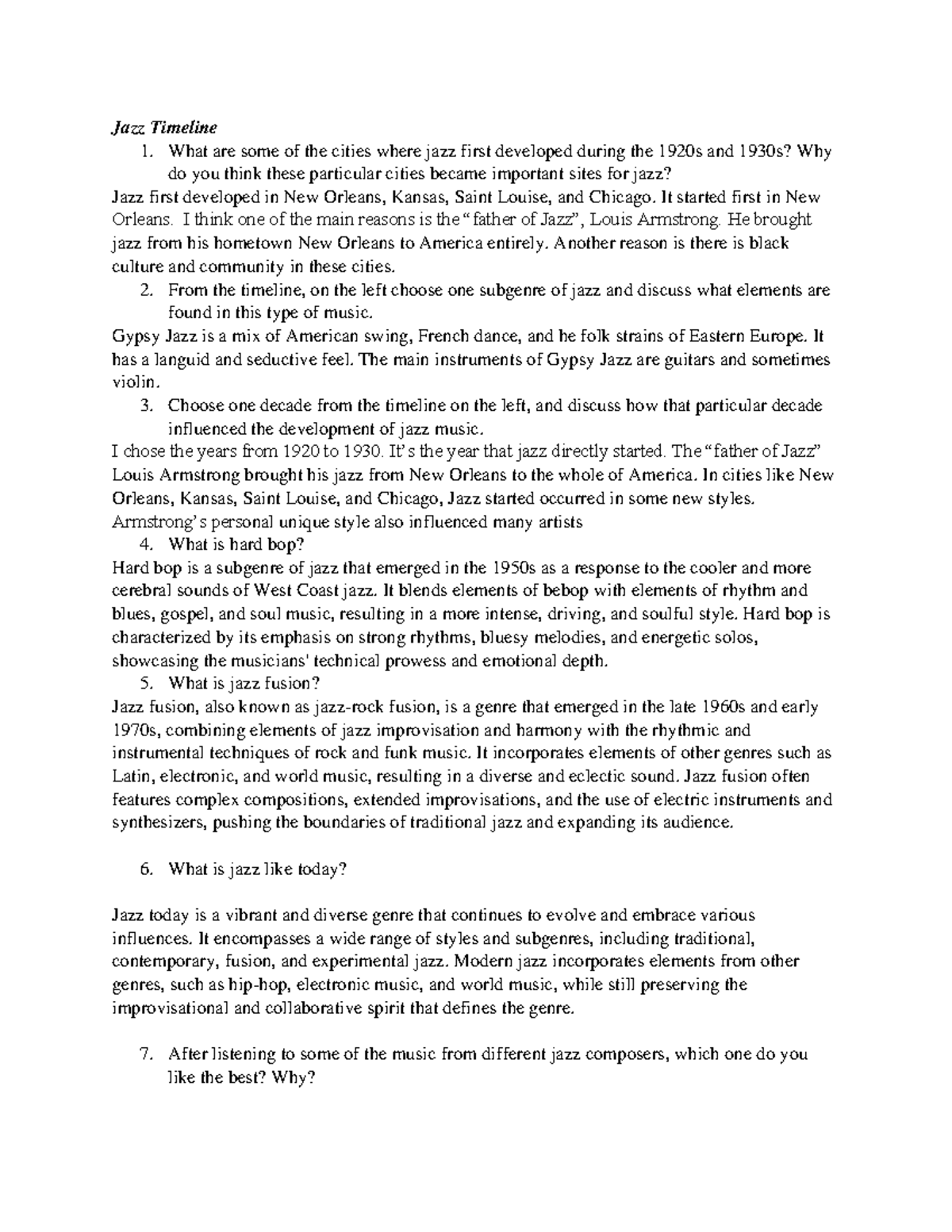 Document 167-3 - Music Appreciation - Jazz Timeline 1. What are some of ...