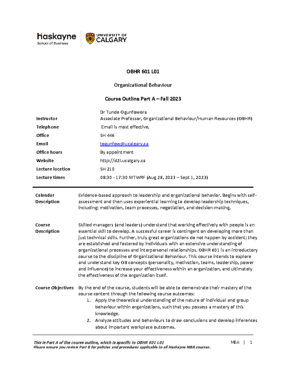 F23 OBHR 601 L01 BW Course Outline- Part A - T. Ogunfowora - This is P ...