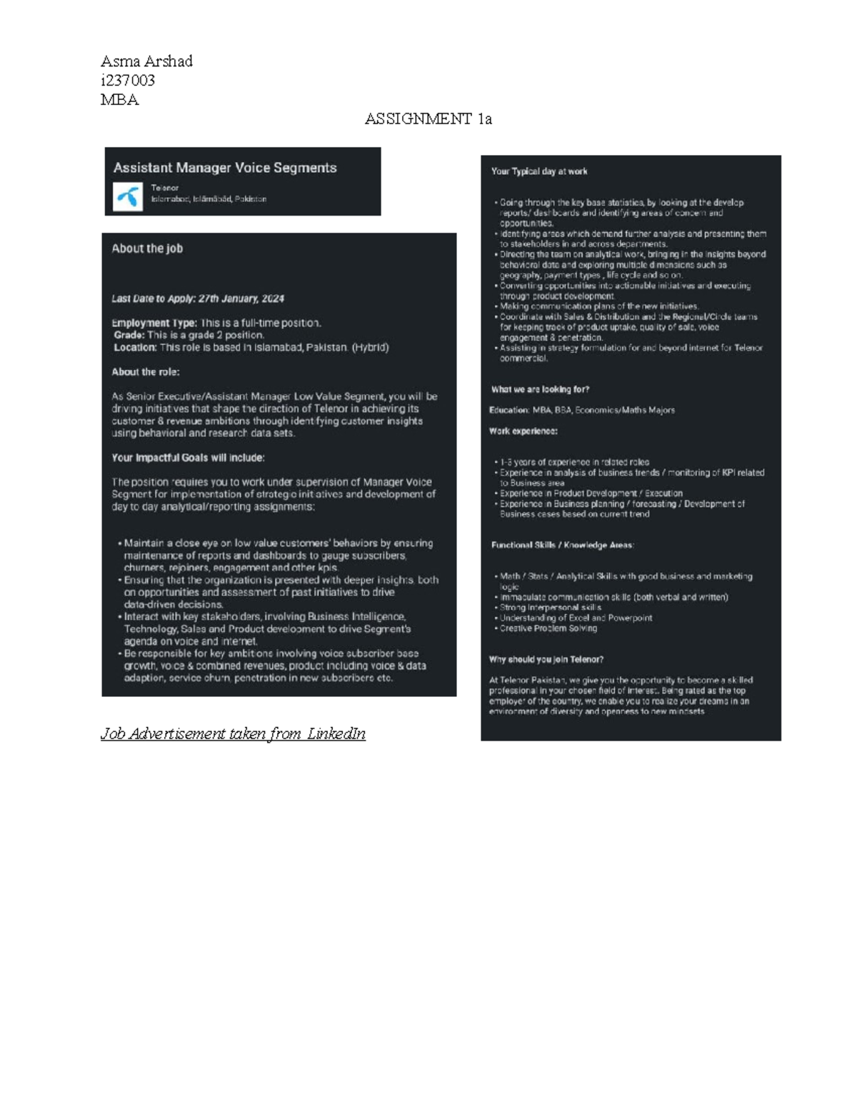 Assignment 1 JD i237003 - Asma Arshad i MBA ASSIGNMENT 1a Job ...