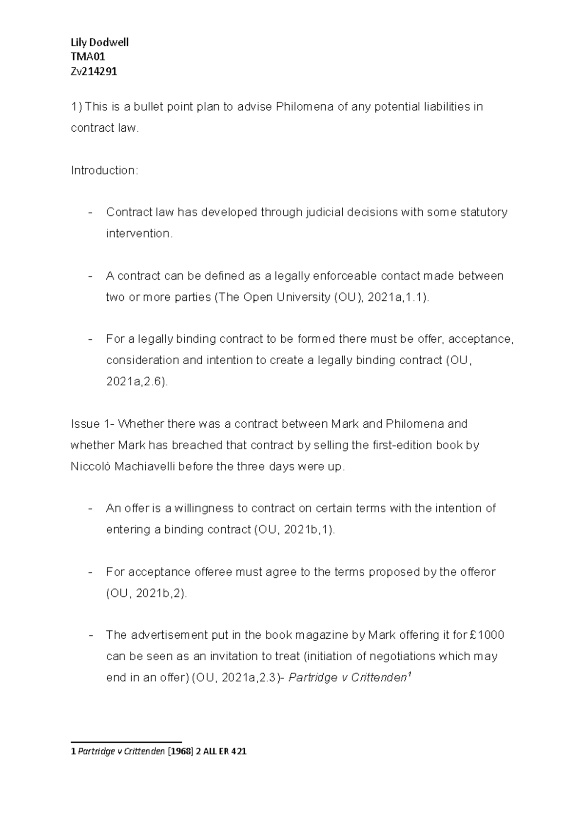 TMA01 - TMA Zv This is a bullet point plan to advise Philomena of any ...