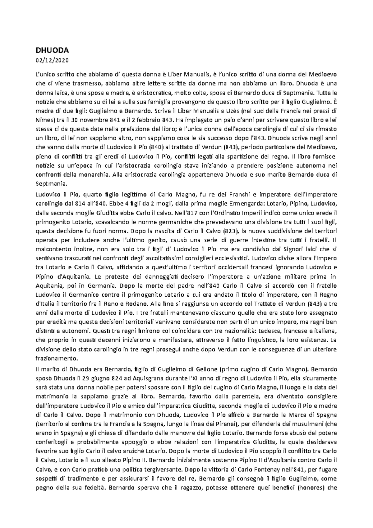 Dhuoda. Liber Manualis - DHUODA 02/12/ L’unico scritto che abbiamo di ...