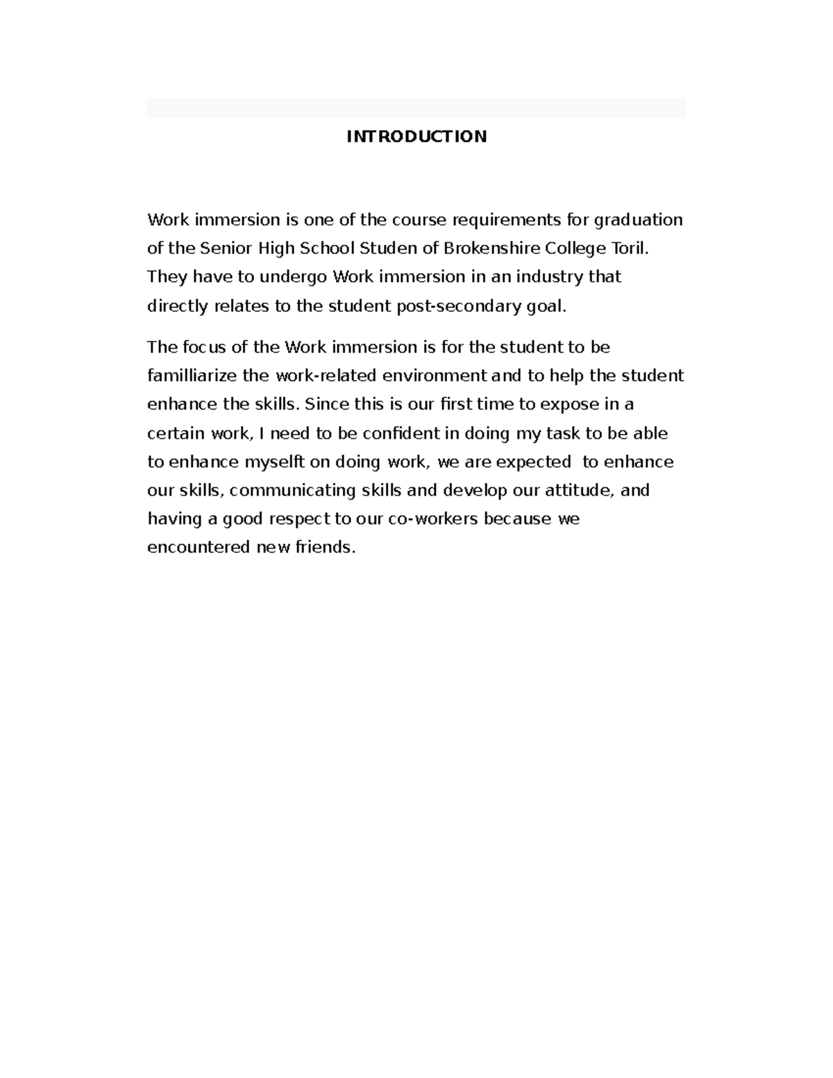 Final emerssion - INTRODUCTION Work immersion is one of the course ...