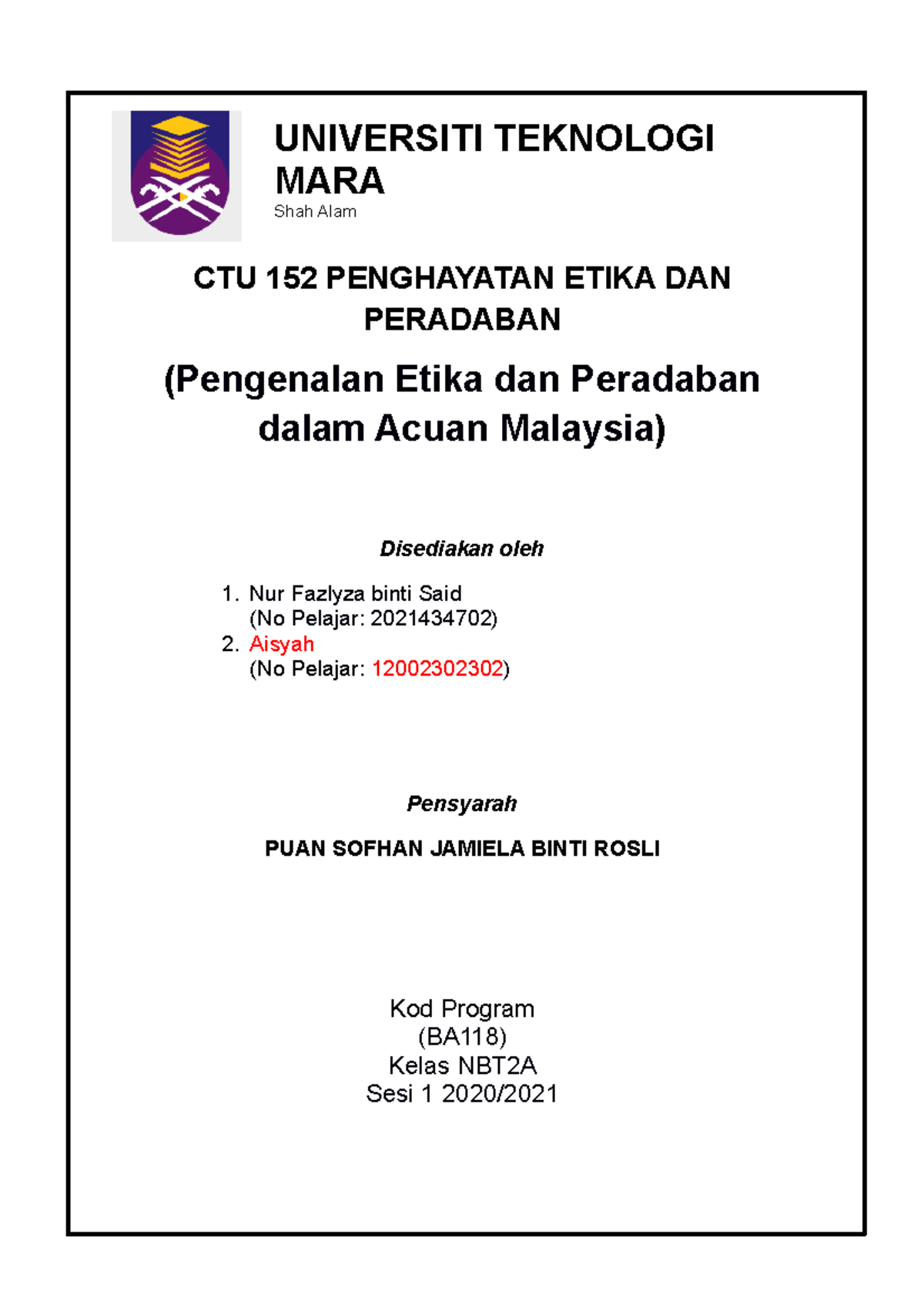 CTU101 template cover - note - CTU 152 PENGHAYATAN ETIKA DAN PERADABAN ...