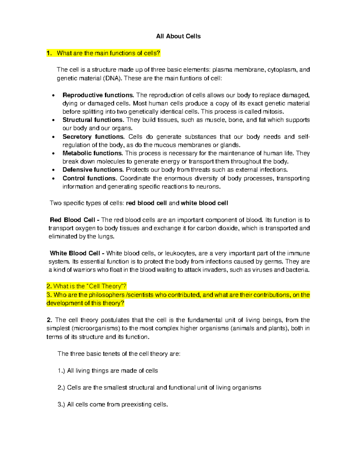 BIO Notes - All About Cells - All About Cells 1. What are the main ...