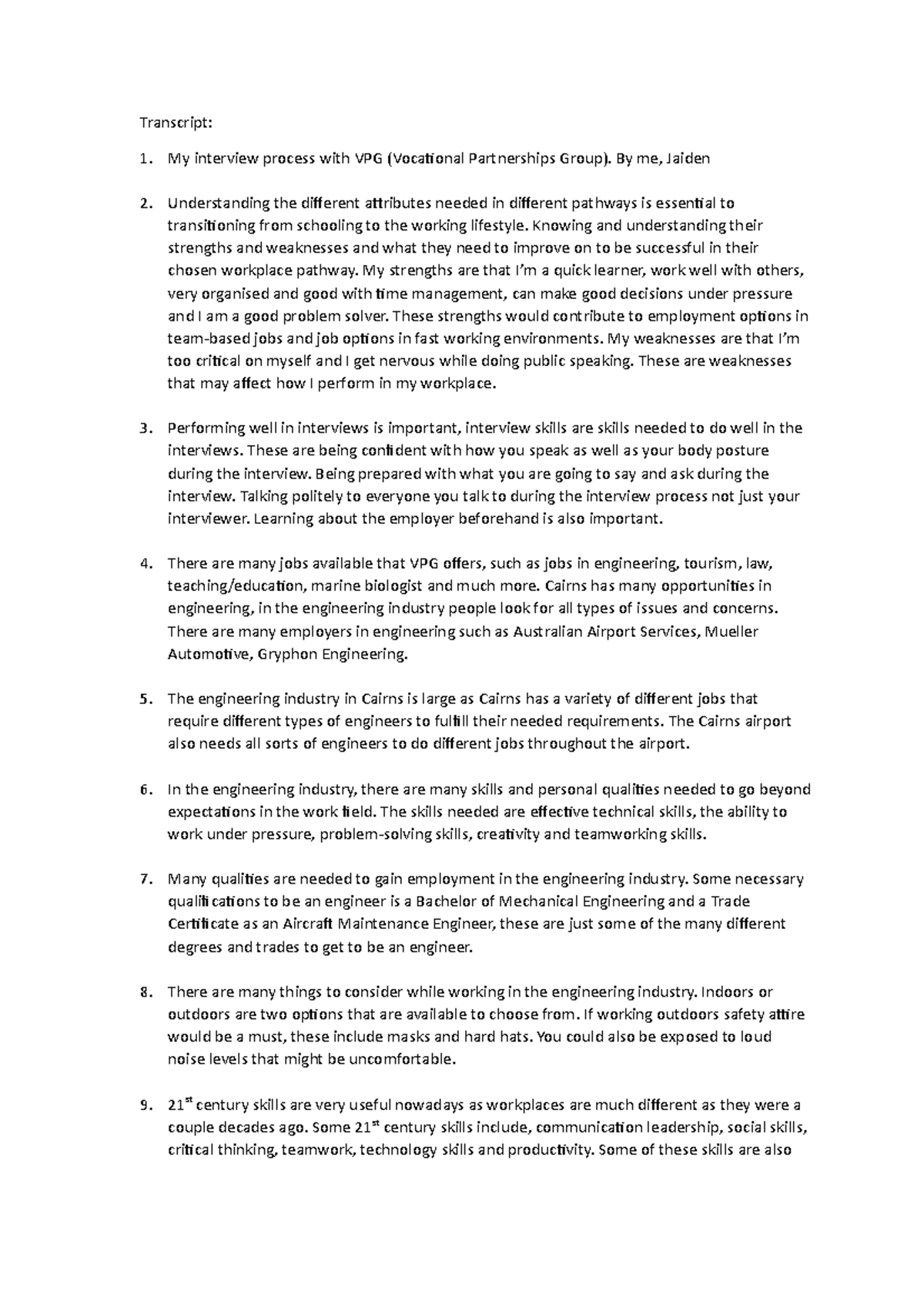 CES - words - Transcript: My interview process with VPG (Vocational ...