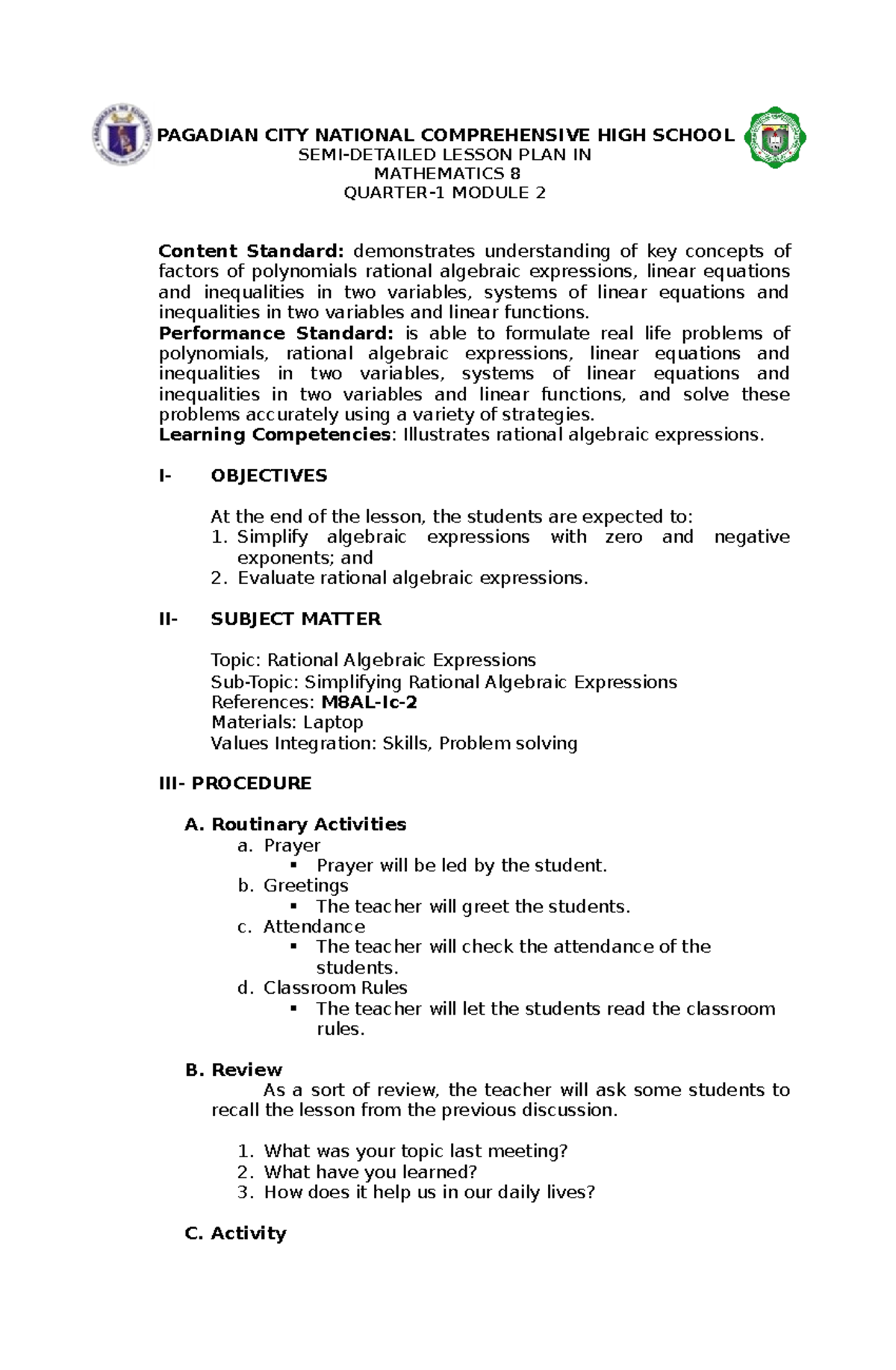 LP-MATH-8- Lesson 2 - M2 - PAGADIAN CITY NATIONAL COMPREHENSIVE HIGH ...