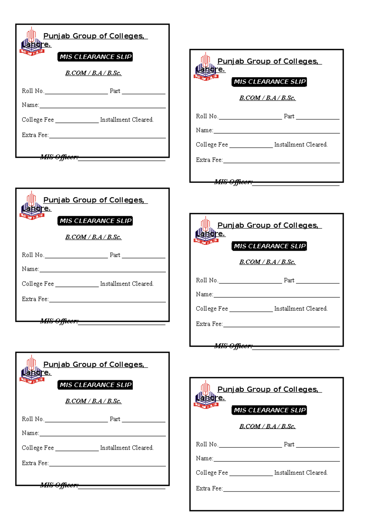 MIS Clearance Slips - Documents - Punjab Group of Colleges, Lahore. MIS ...