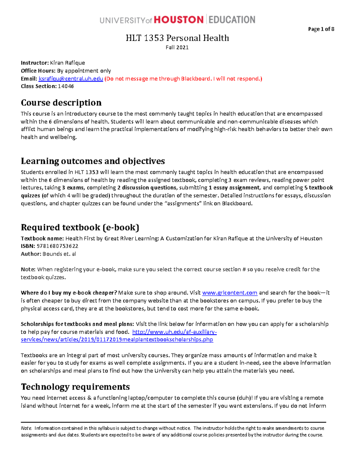 HLT 1353 Fall 2021 SEC14046 - Note. Information contained in this ...