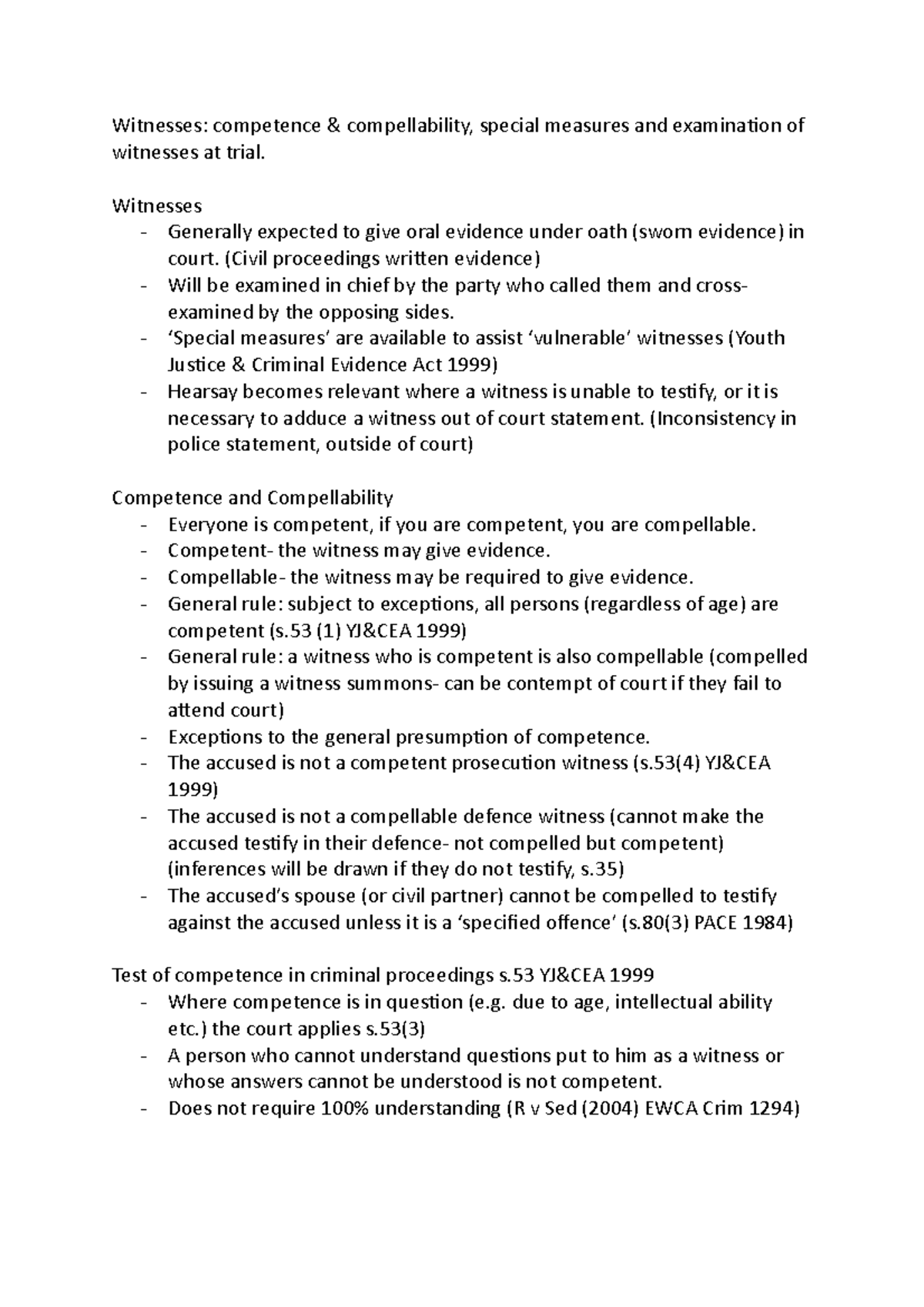 Lecture 9- Witnesses - Witnesses: competence & compellability, special ...