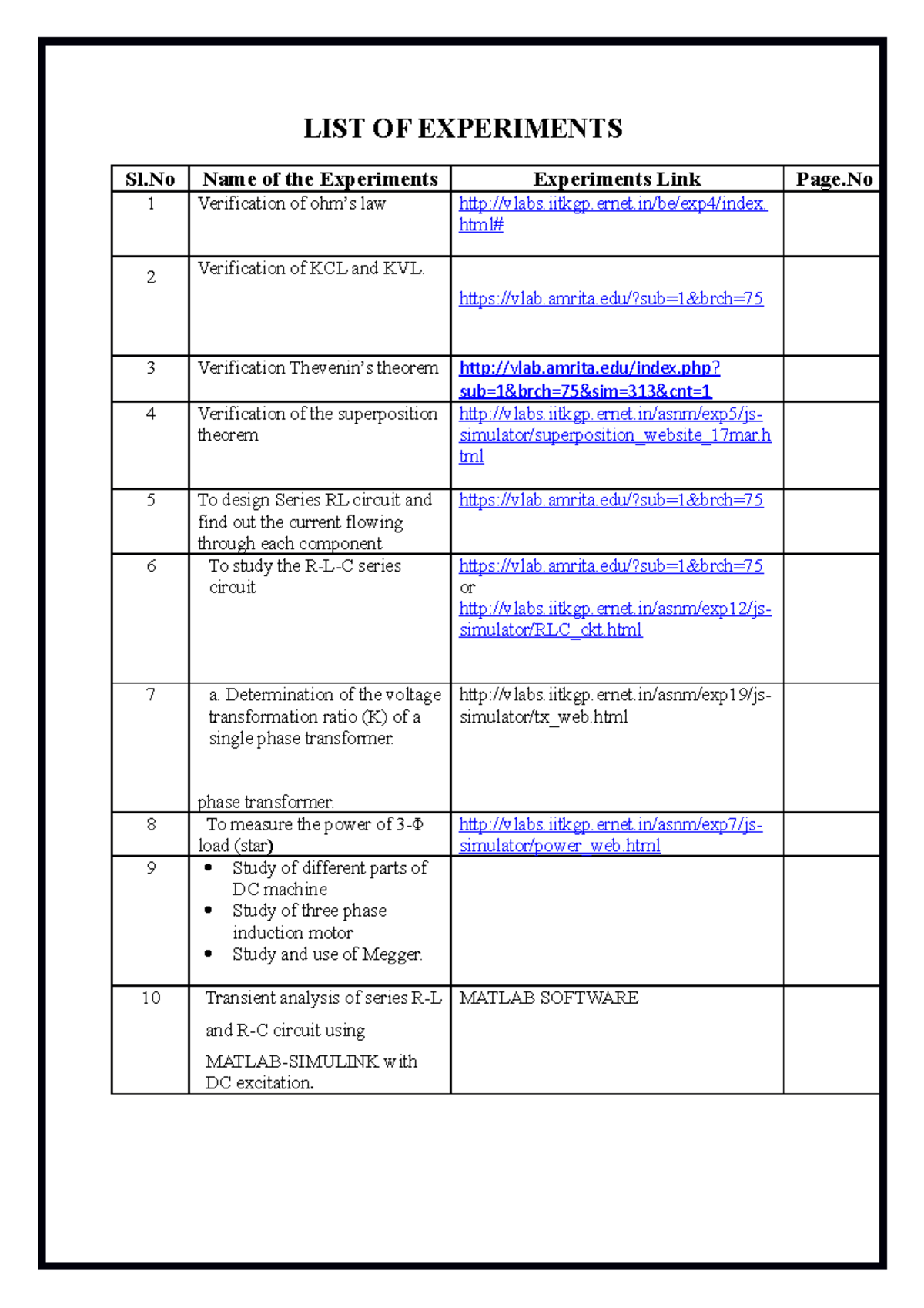 BEE Lab Manual For 1st Year LIST OF EXPERIMENTS Sl Name Of The bee-lab-manual-for-1st-year-list-of-experiments-sl-name-of-the