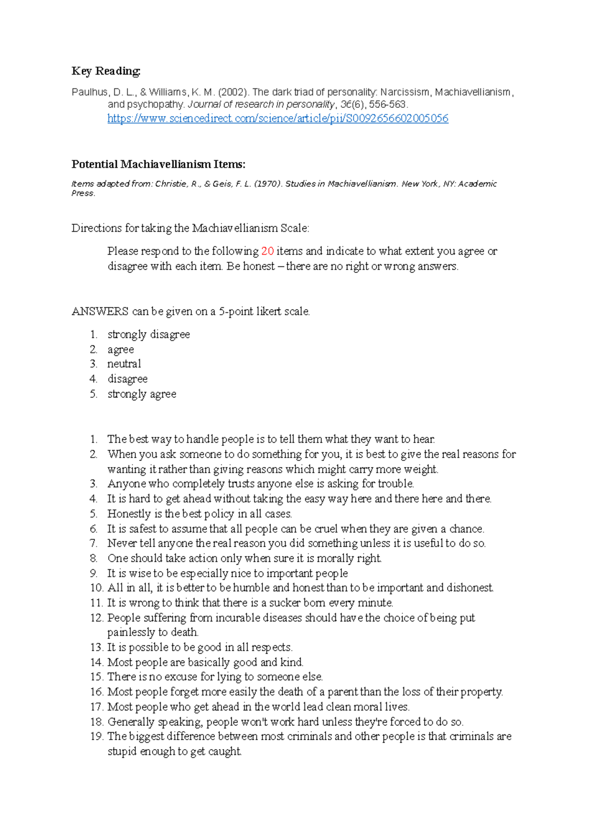 3006PSY potential scale items 2021 - Key Reading: Paulhus, D. L ...