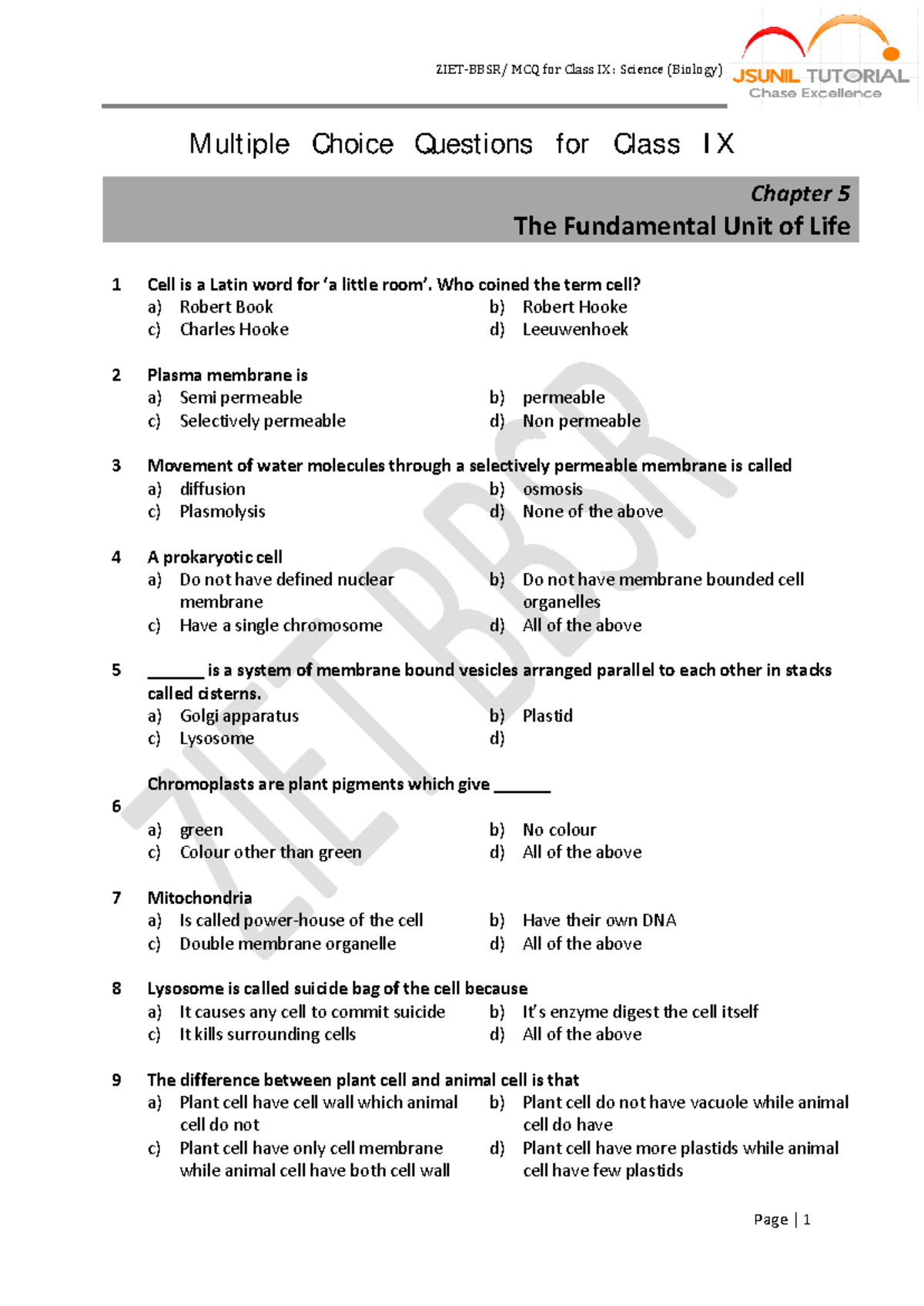 Mcq for class ix- science biology ziet-bbsr - 2013 Multiple Choice ...