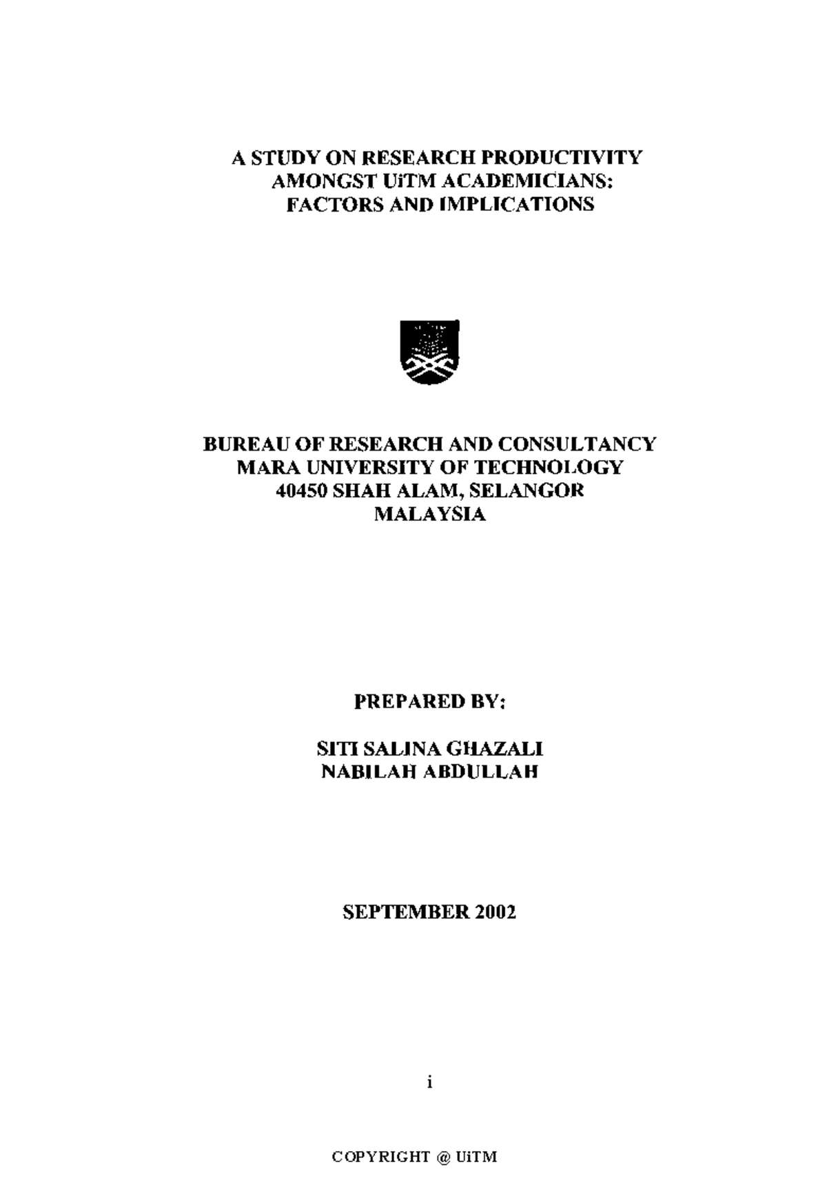 productivity process - A STUDY ON RESEARCH PRODUCTIVITY AMONGST UiTM ...