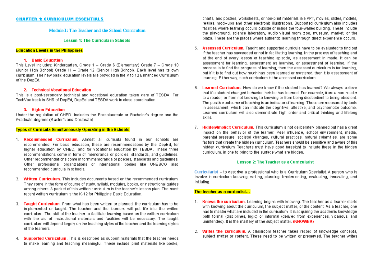 The Teacher and The School Curriculum - CHAPTER 1: CURRICULUM ...