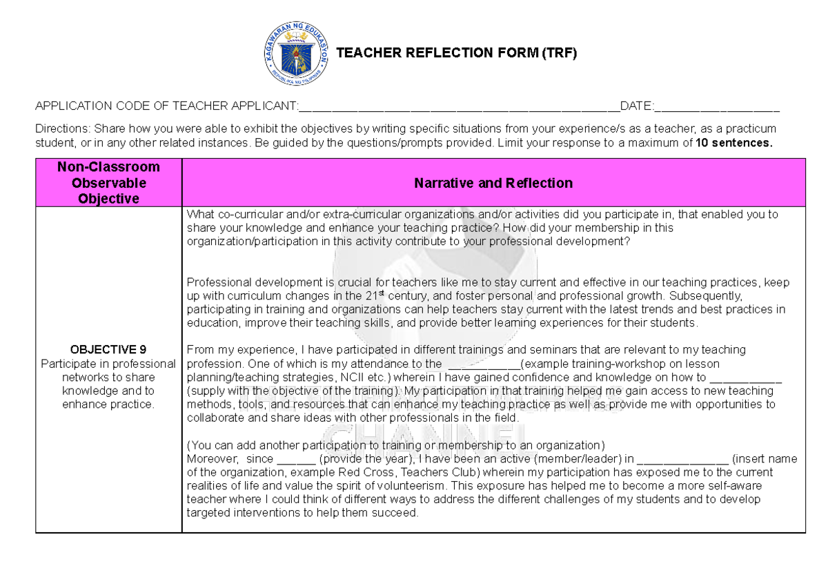 TRF Objective 9 Answer 1 - TEACHER REFLECTION FORM (TRF) APPLICATION CODE OF TEACHER - Studocu