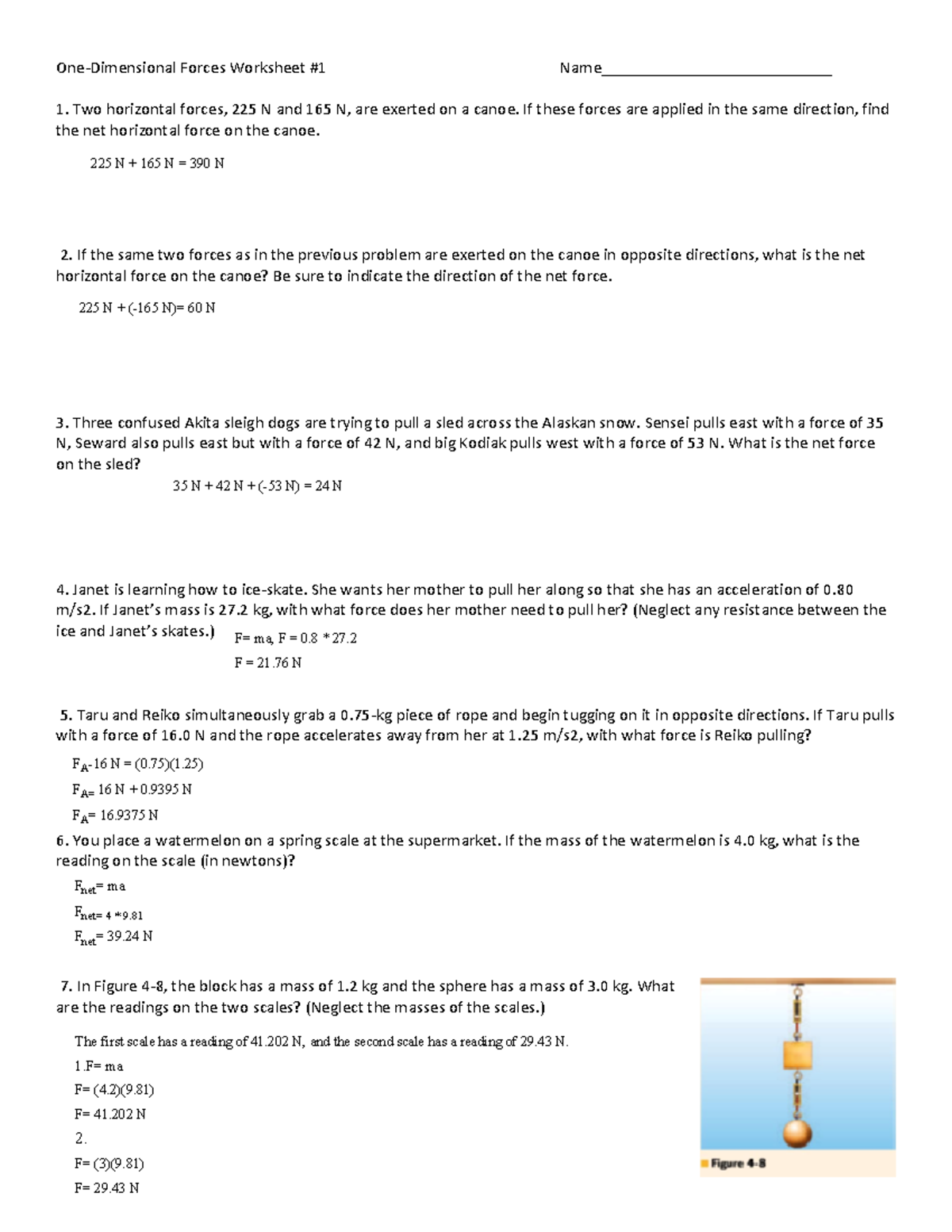 Physics 1-Dimensional Force Worksheet - One-Dimensional Forces ...