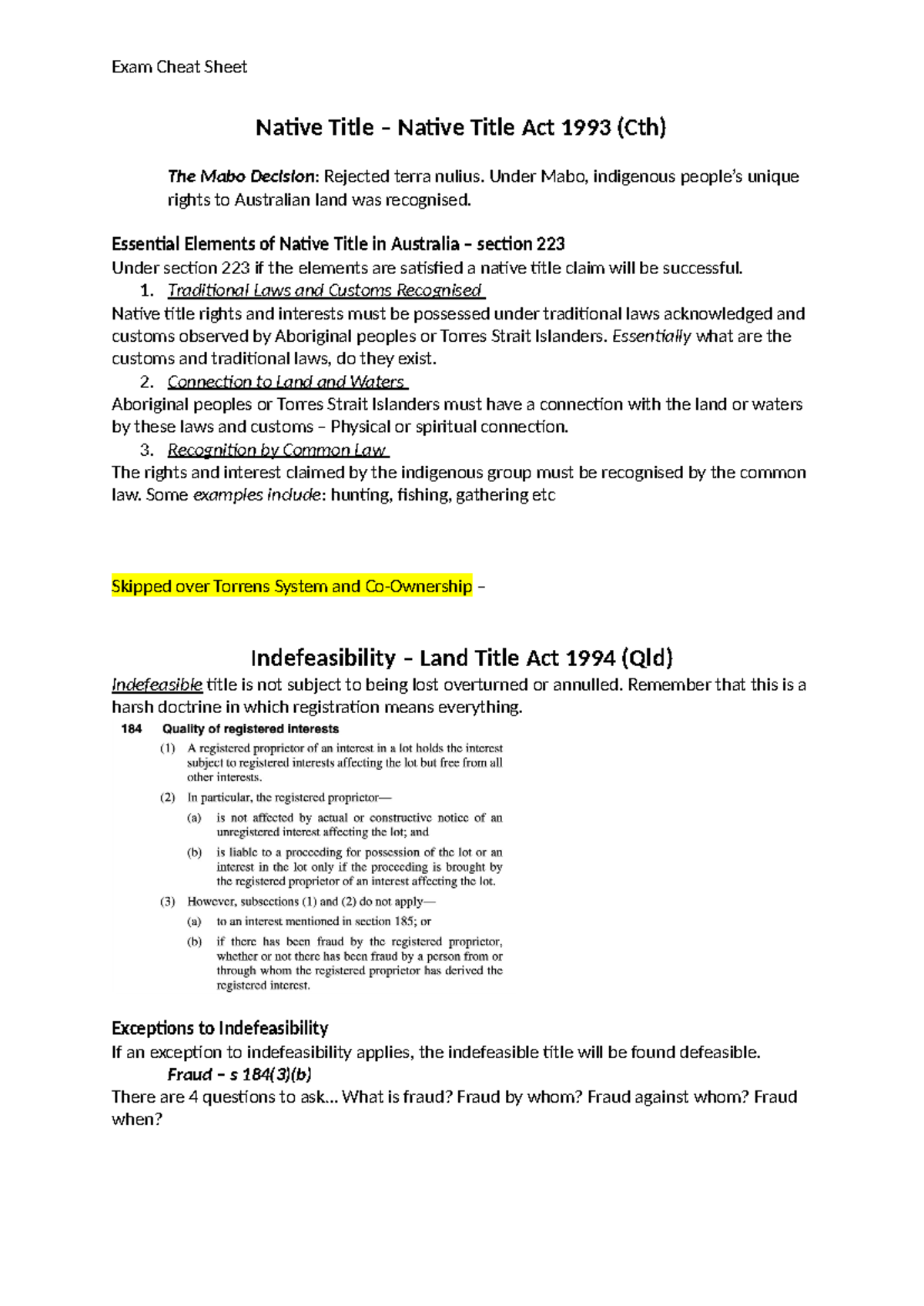 Real Property Law - Cheat Sheet - Native Title – Native Title Act 1993 ...