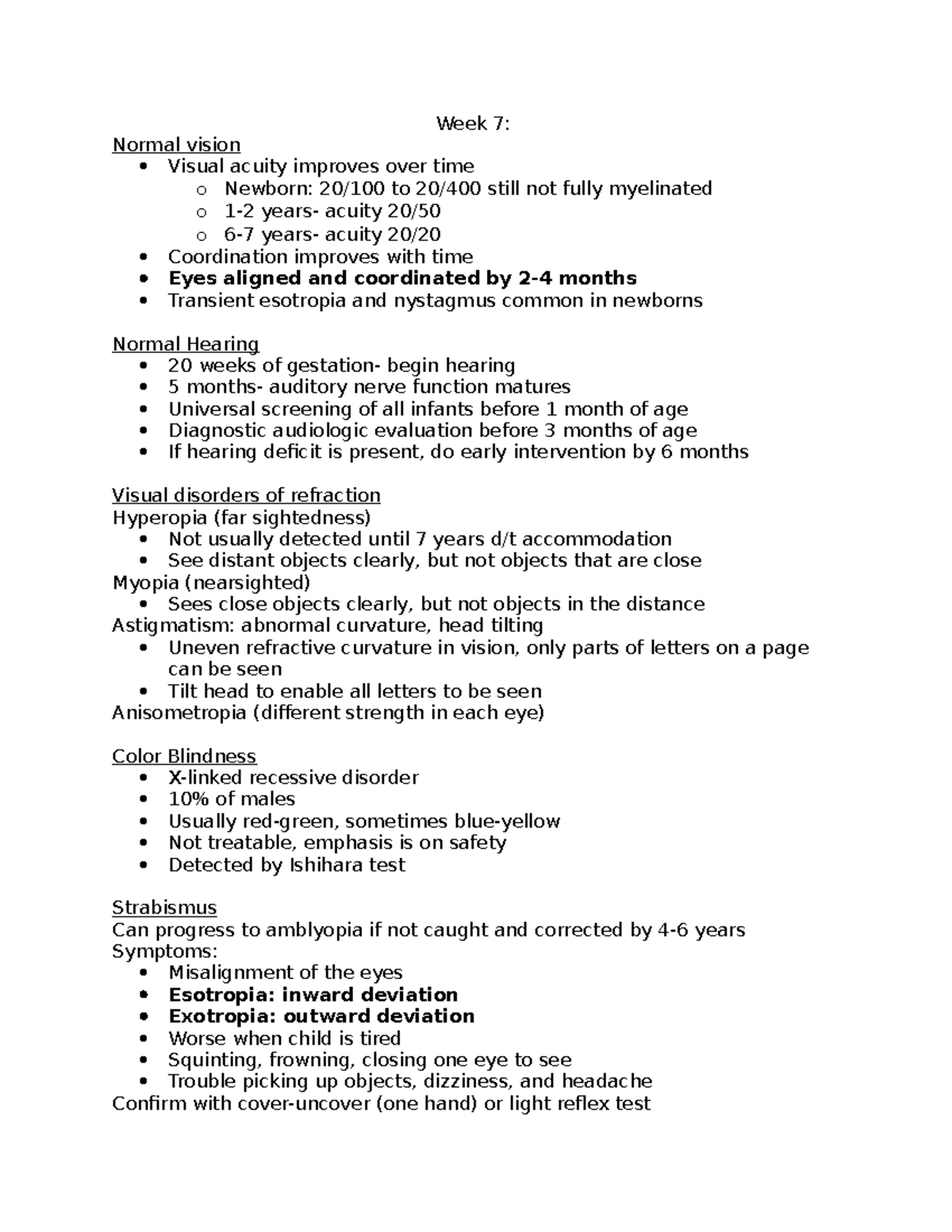 Week 7 peds - lecture notes - Week 7: Normal vision Visual acuity ...