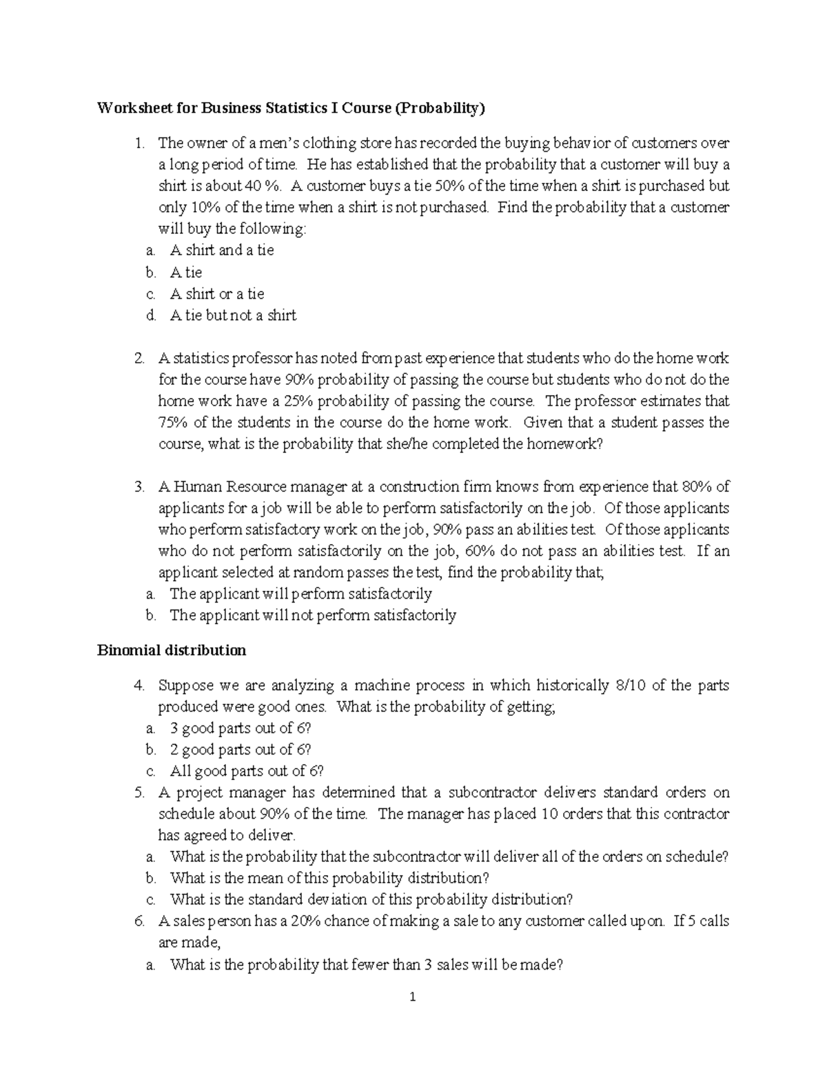 Worksheet for Business Statistics Course - 1 Worksheet for Business ...