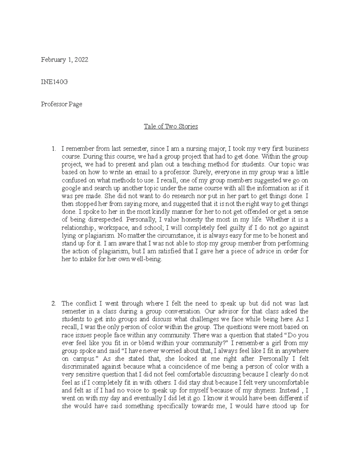 INE140 - Tale of two stories example. During this course, you will be ...