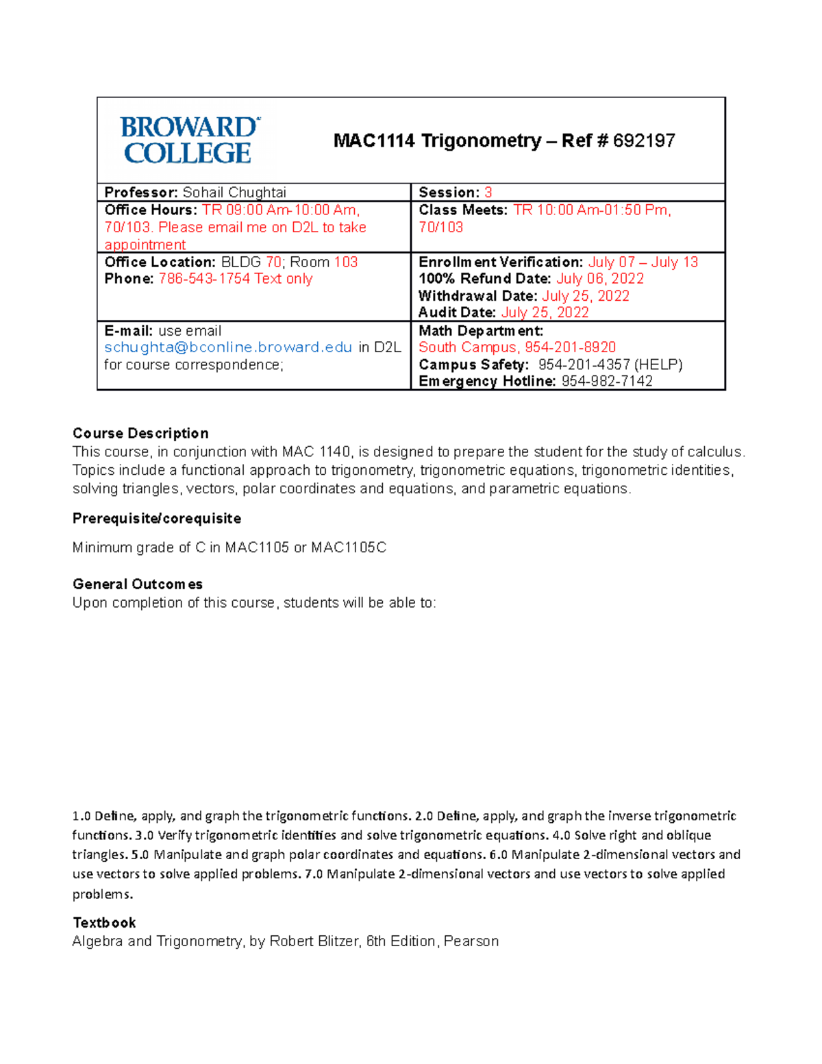 Syllabus - MAC1114 Trigonometry - MAC1114 Trigonometry – Ref # 692197 ...