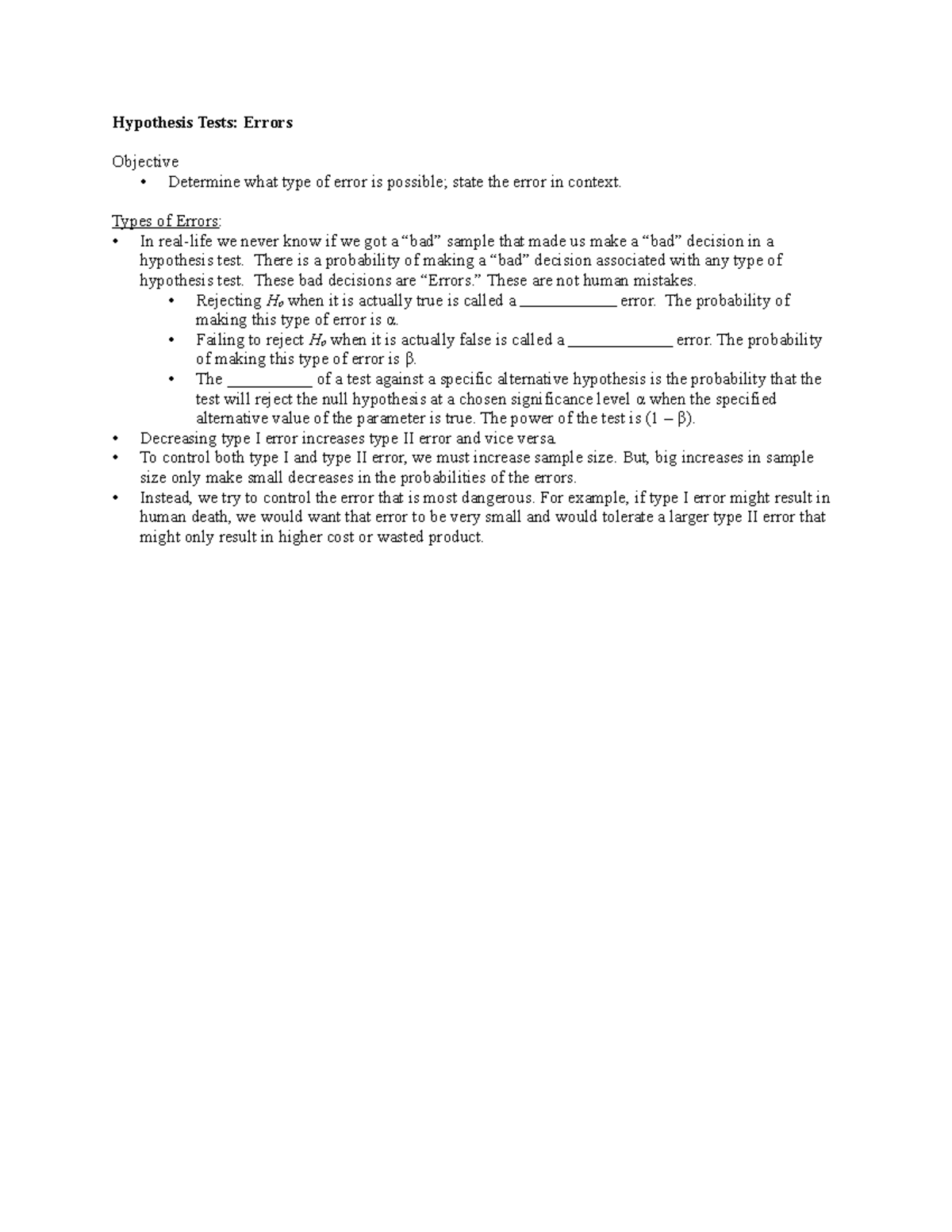 Lesson 33 HT Errors - Lecture notes 32 - Hypothesis Tests: Errors ...