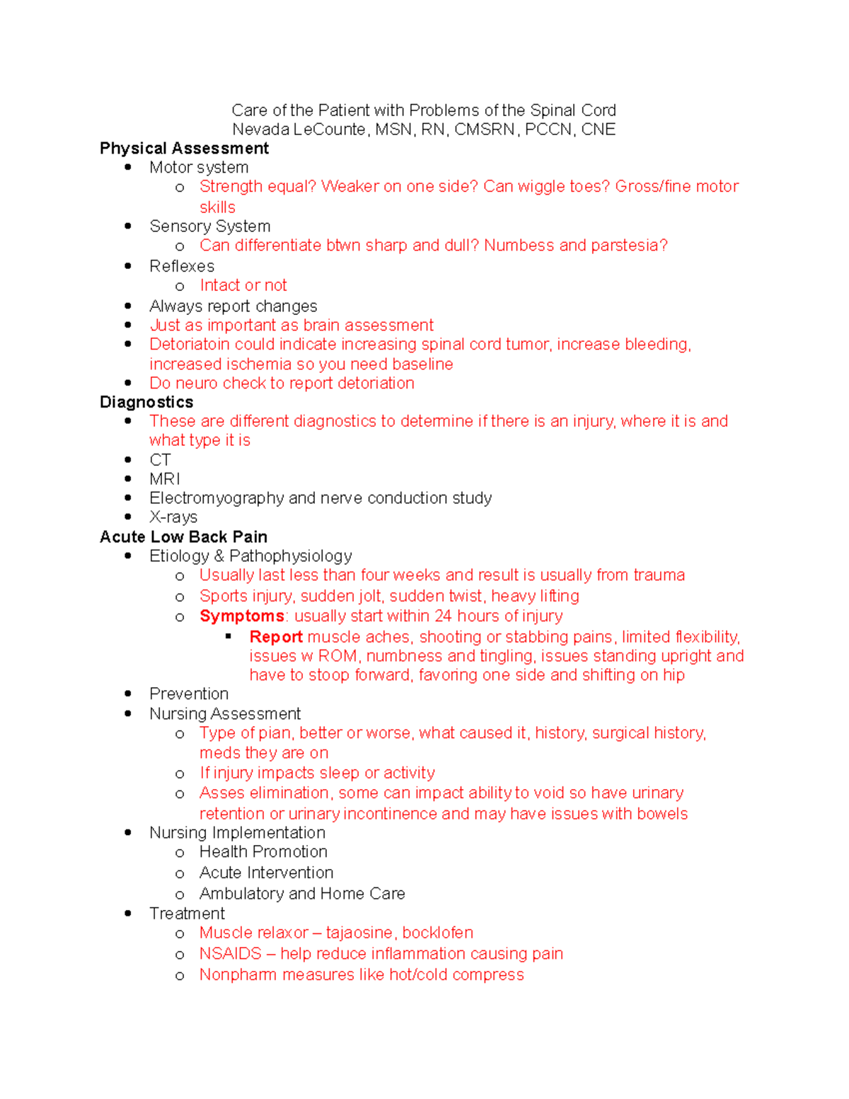 Spinal cord outline notes - Care of the Patient with Problems of the ...