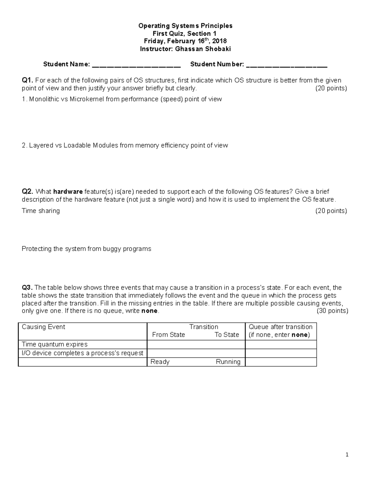 Os First Quiz Spring 2018 Sect 1 Operating Systems Principles First