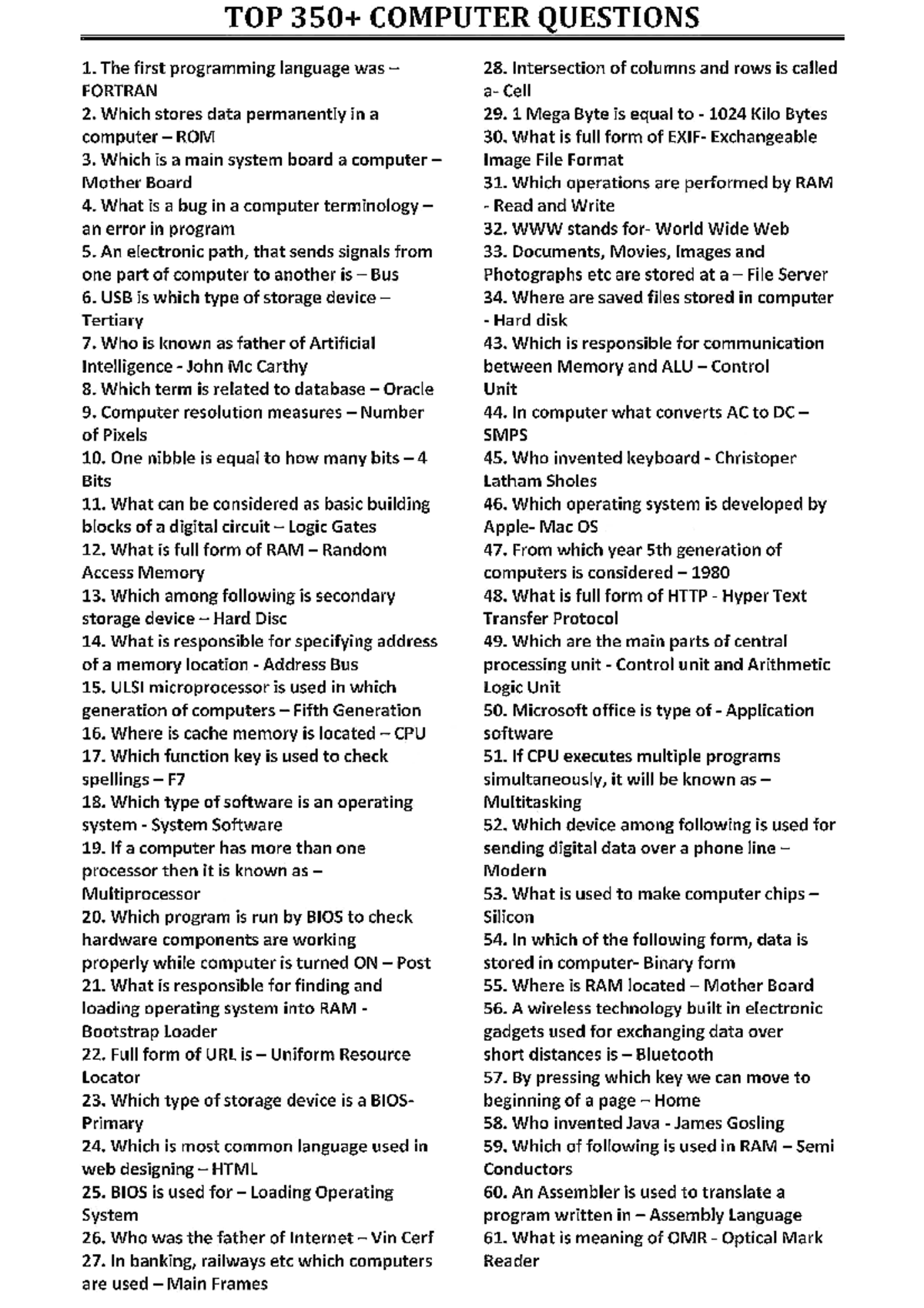 Computer Top 350 - TOP COMPUTER QUESTIONS 1. The first programming language was 28. Intersection ...