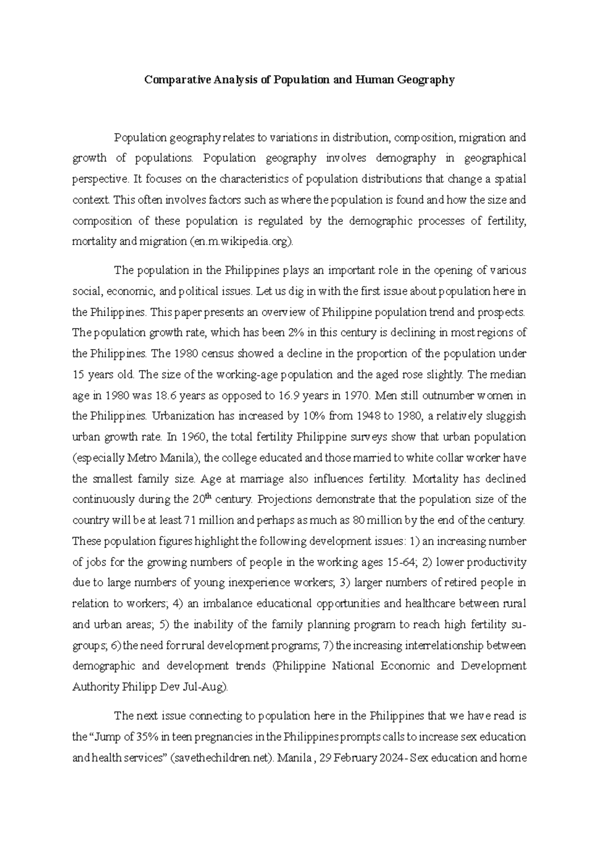 Comparative Analysis - Population geography involves demography in ...