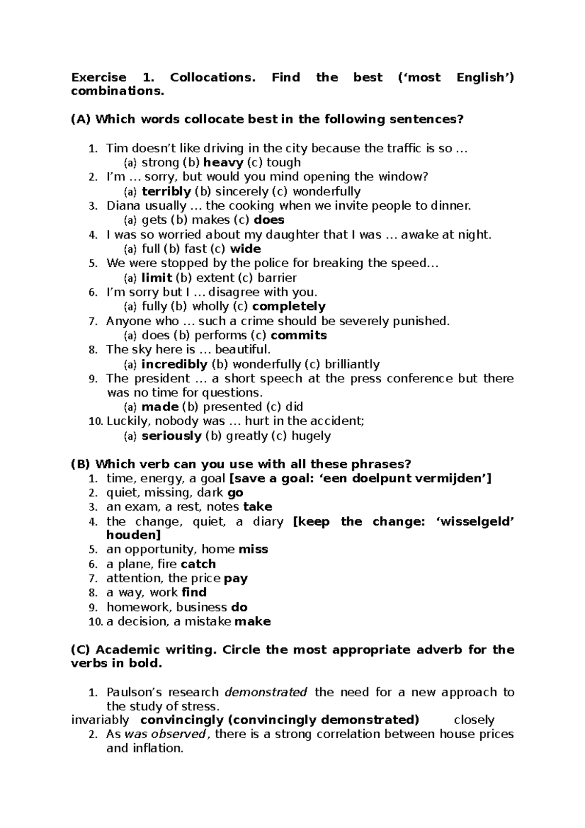 Ex 1 collocations(1) - Oefeningen grammar - Exercise 1. Collocations ...