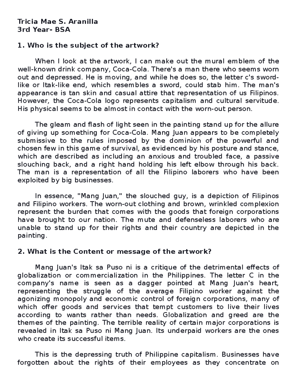 ART APP Critisim - ANSWER - Tricia Mae S. Aranilla 3rd Year- BSA Who is ...