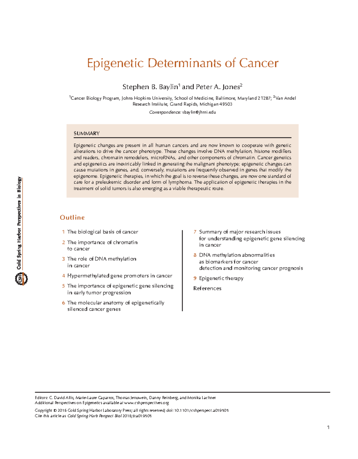 Cshperspect-EPI-a019505 - Epigenetic Determinants of Cancer Stephen B ...