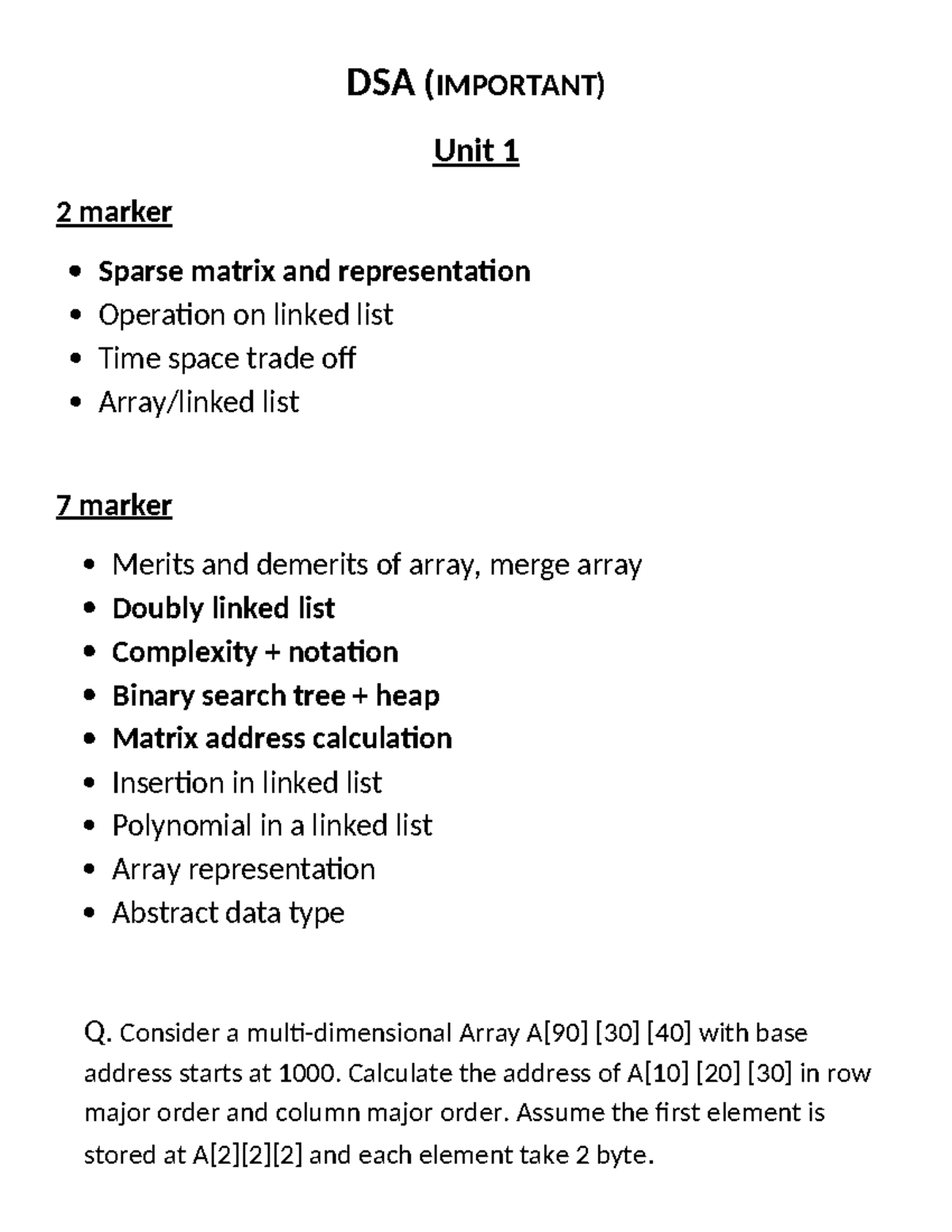 Imp dsa - These are important topics - DSA (IMPORTANT) Unit 1 2 marker ...