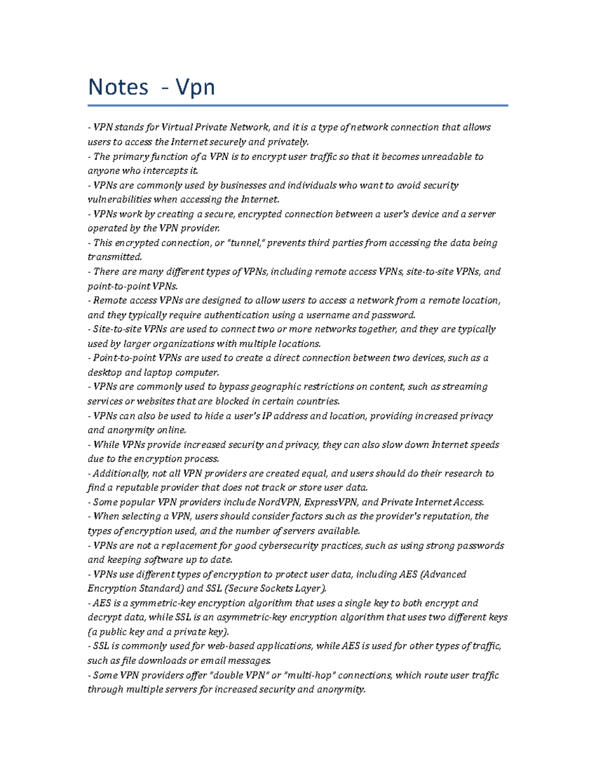 Lecture notes - Vpn - Notes - Vpn VPN stands for Virtual Private ...