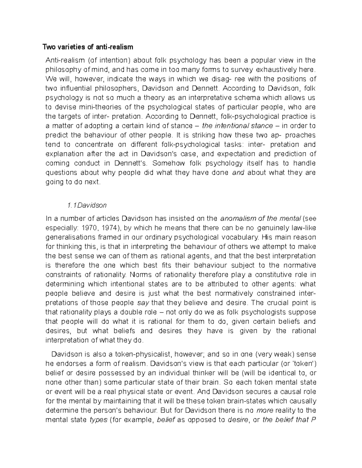 Two varieties of anti - Davidson, folk psychology is not so much a ...