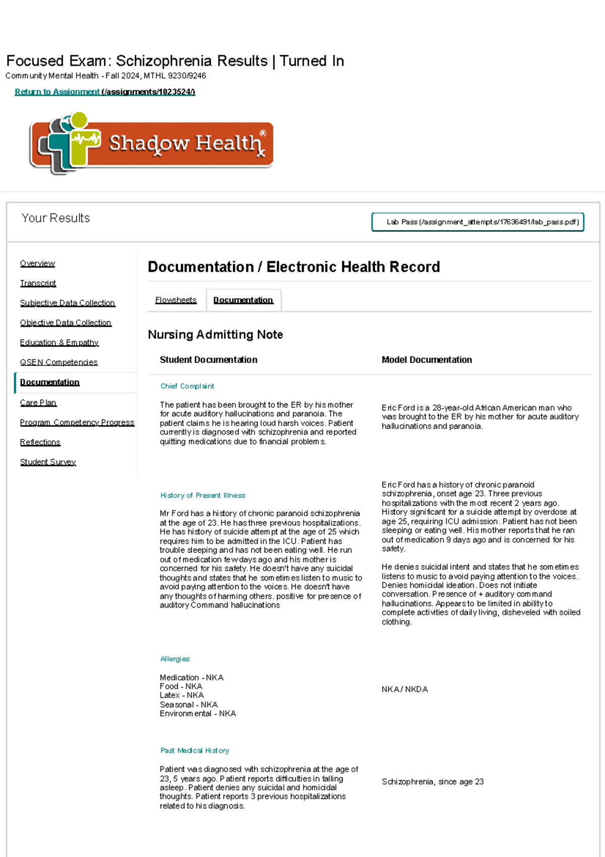 Shadow Health Focused Exam Schizophrenia - Eric Ford - Documentation - Focused Exam ...