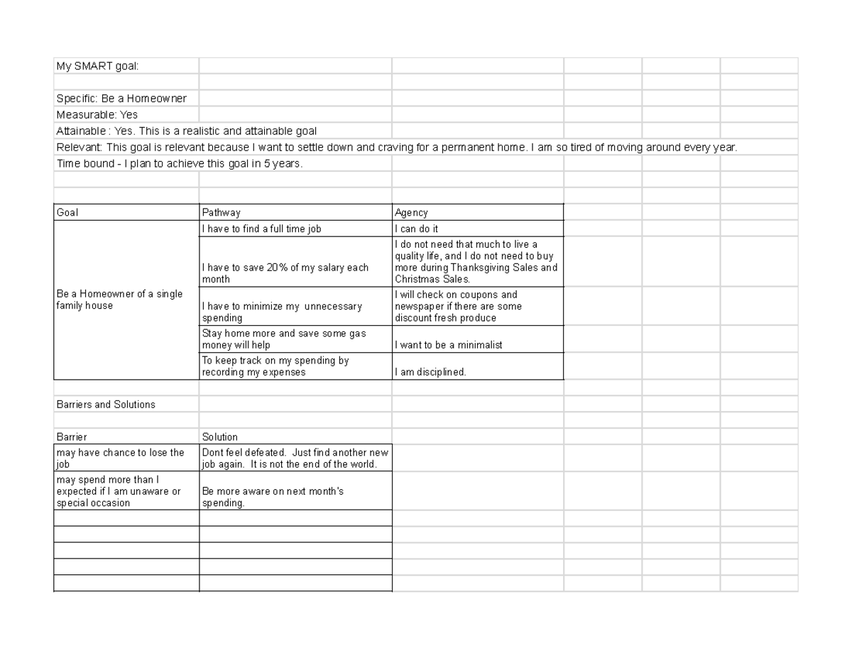 Hope Theory - Sheet 1 - class note - My SMART goal: Specific: Be a ...