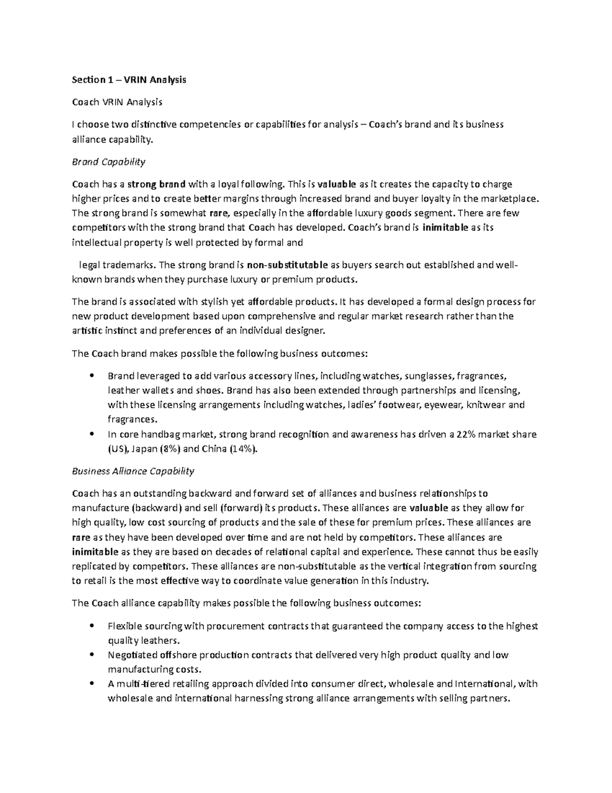 Strategy Fall Coach SWOT and VRIN Worked Example - Section 1 – VRIN ...