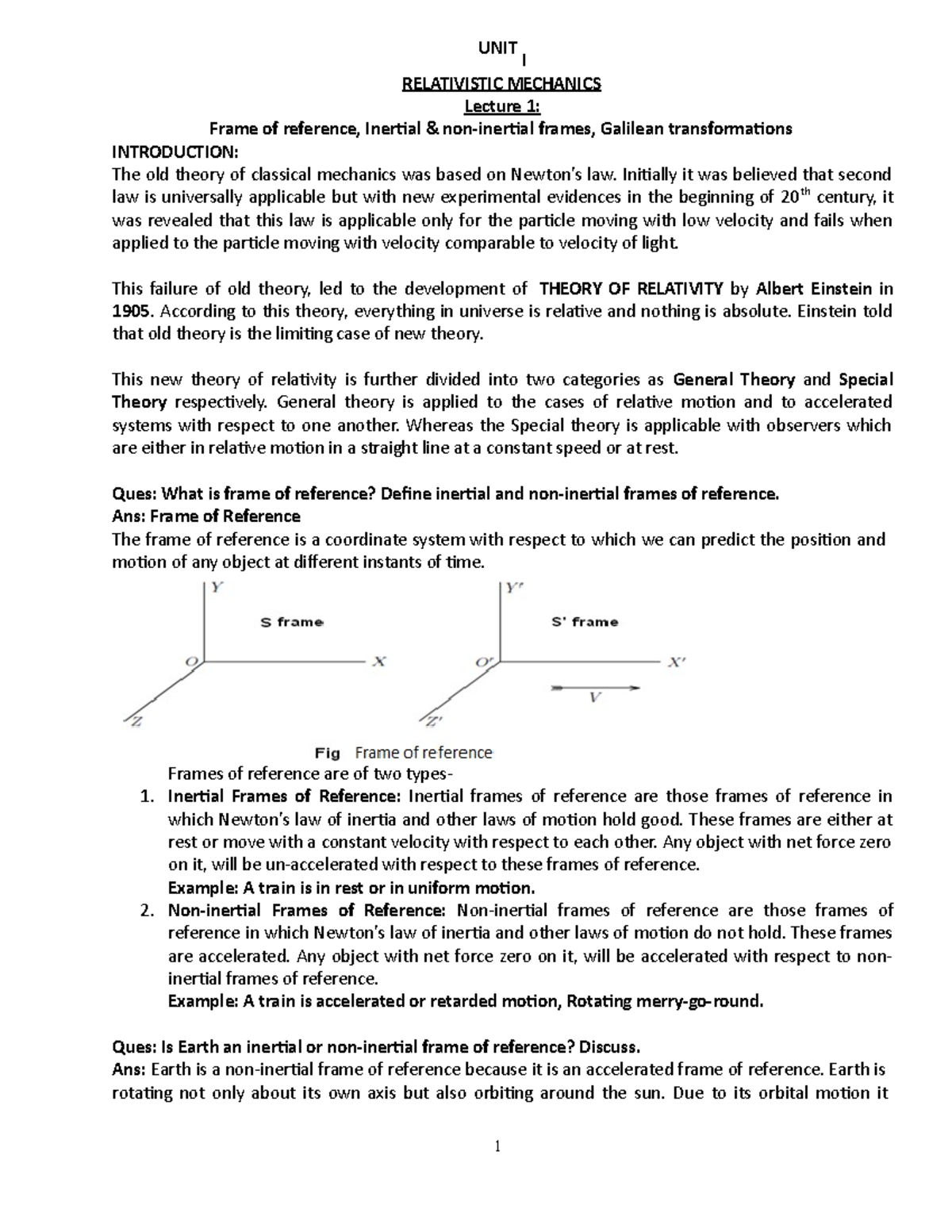 Engineering Physics - 1 UNIT I RELATIVISTIC MECHANICS Lecture 1: Frame of reference, Inertial ...