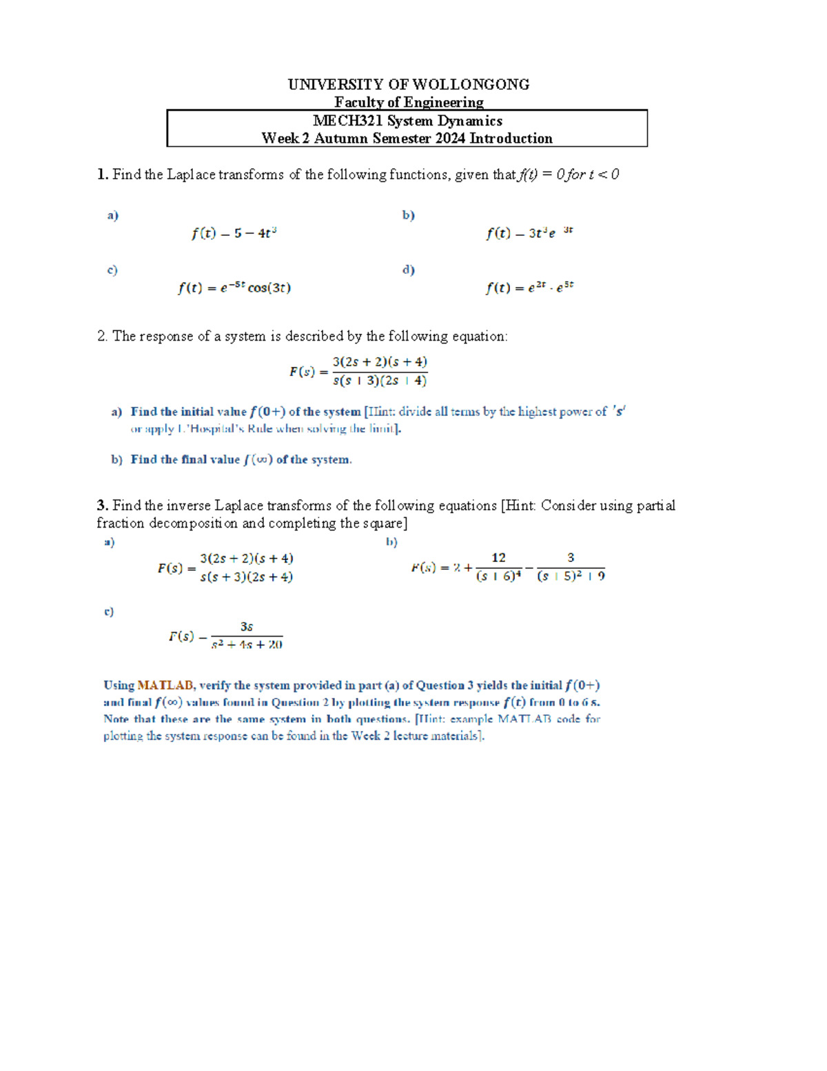 2024 MECH321 Tutorial Week 2 - UNIVERSITY OF WOLLONGONG Faculty of Engineering MECH321 System ...