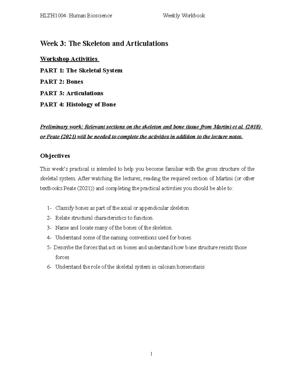 Workbook 3 Skeletal system Final updated - Week 3: The Skeleton and ...