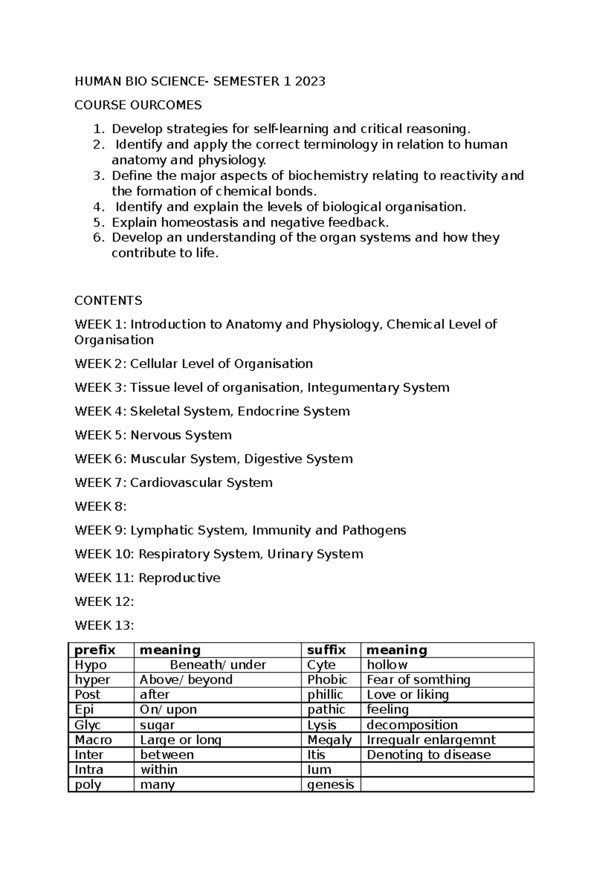 Human Bioscience - week 1 notes - HUMAN BIO SCIENCE- SEMESTER 1 2023 ...