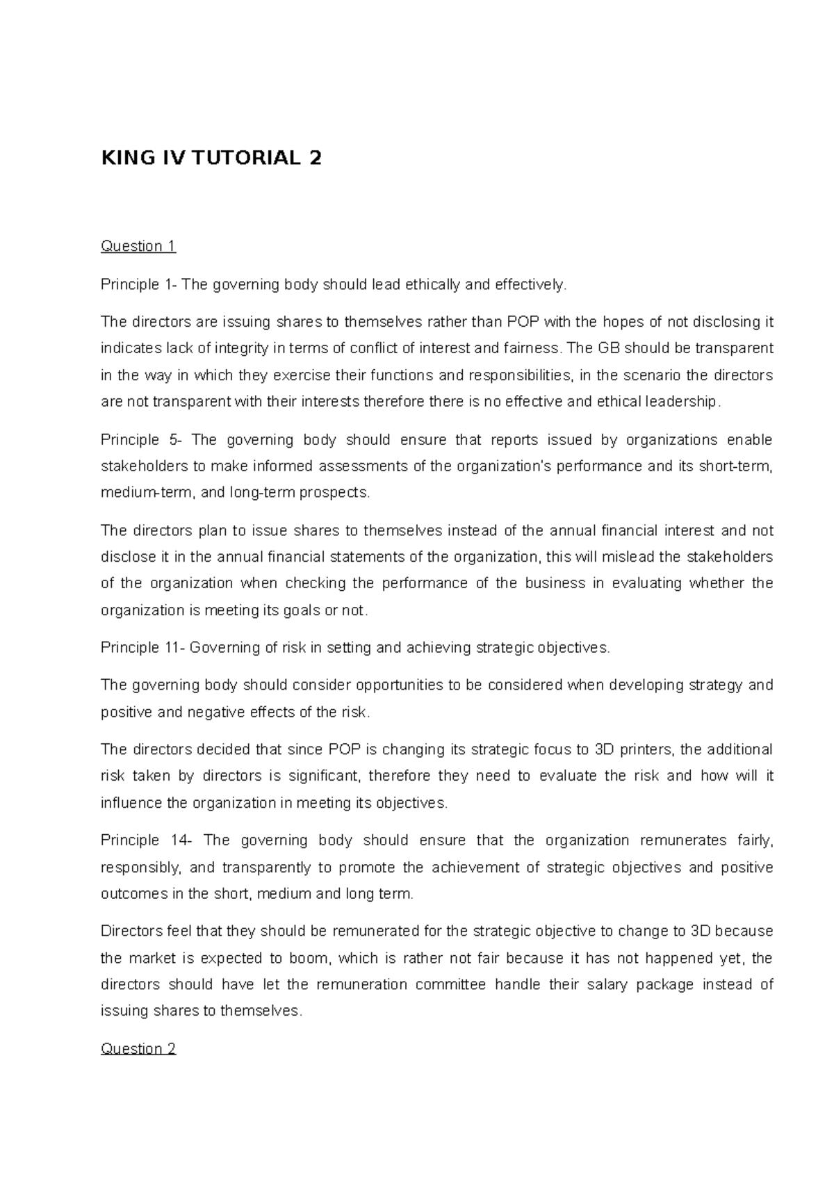 King IV tut 2 - Tutorial 2 - KING IV TUTORIAL 2 Question 1 Principle 1 ...