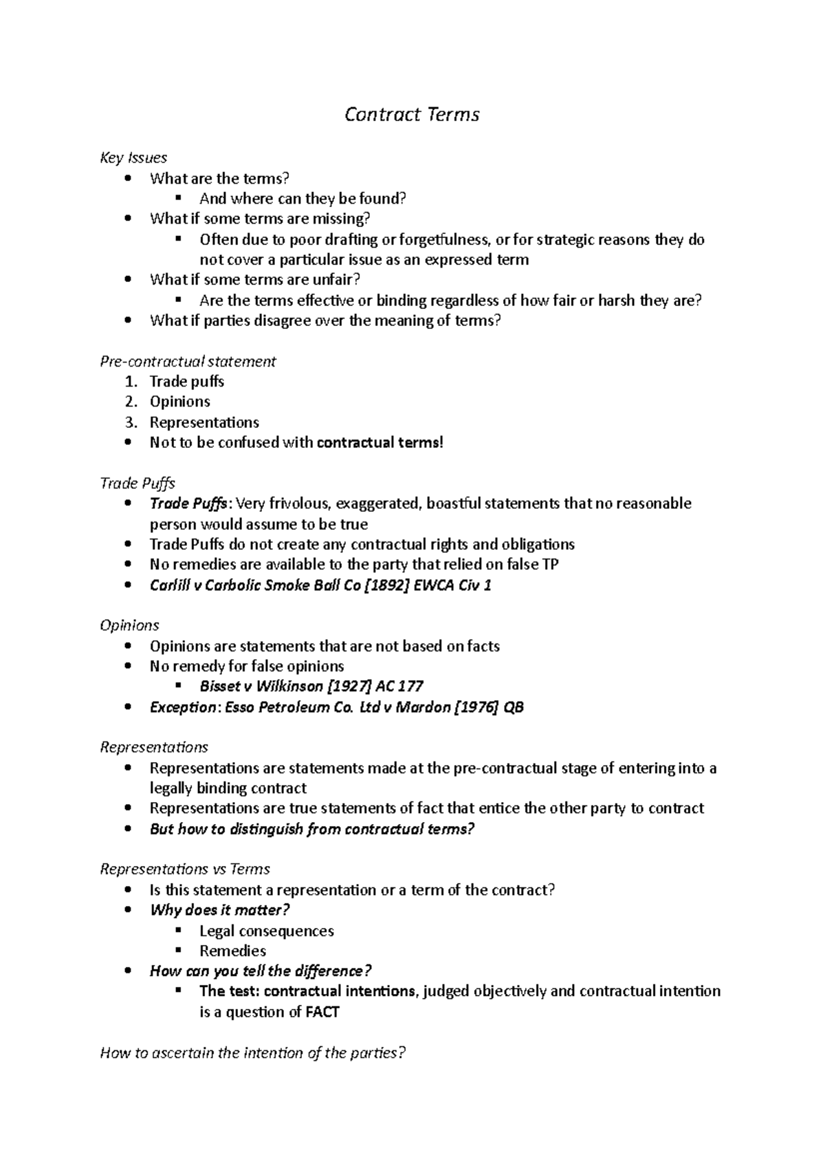 Contract Terms - Lecture notes Week 4 - Contract Terms Key Issues What ...
